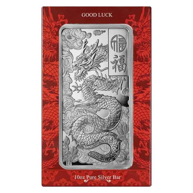 10 oz PAMP Good Luck Yellow Dragon Silver Bar .999 Fine