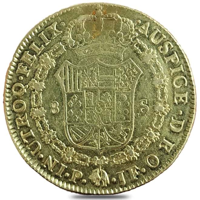 1791-1808 Spanish Colonial 8 Escudos Gold Coin Scruffy