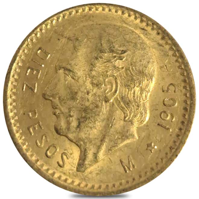 1905 Mexico 10 Pesos Gold Coin Avg Circ