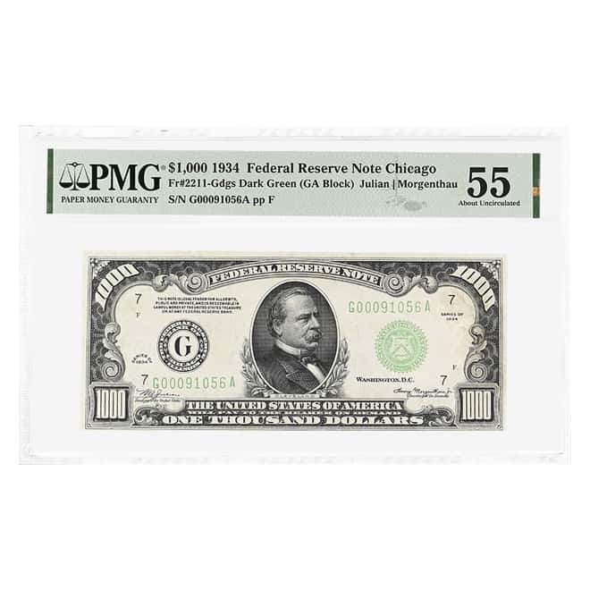 1934 $1000 Federal Reserve Currency Note Chicago PMG AU 55