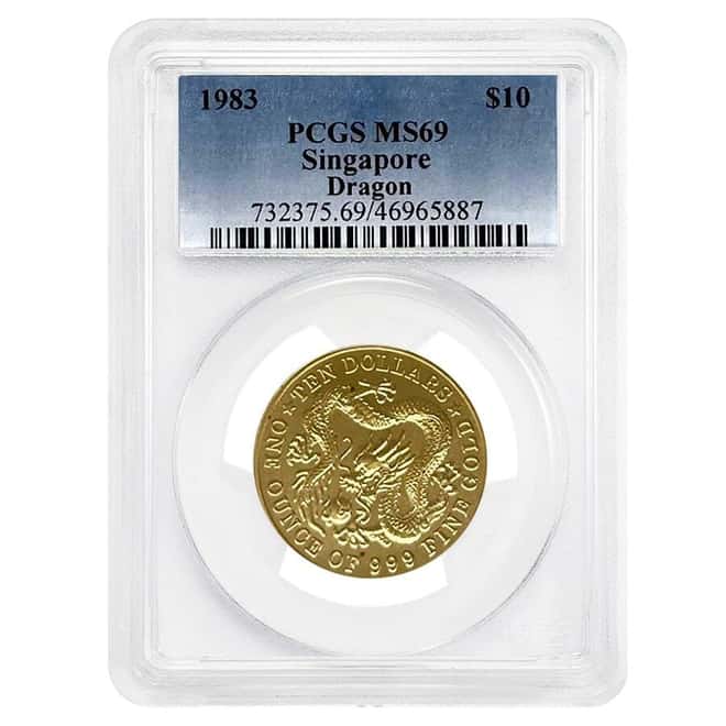 1983 1 oz Singapore Gold Dragon Coin PCGS MS 69 in Stock