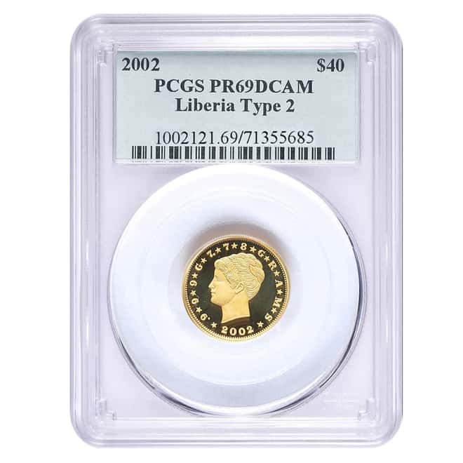 2002 1/4 oz Liberia Coiled Hair Stella Gold Coin PCGS PF 69