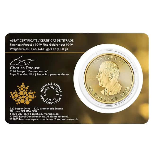 2026 1 oz Canadian Gold Maple Leaf $50 Coin BU (in Assay)