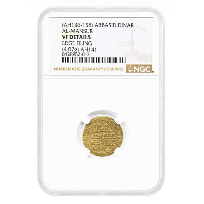 AH141 Abbasid Al-Mansur Dinar Gold Coin NGC VF Details