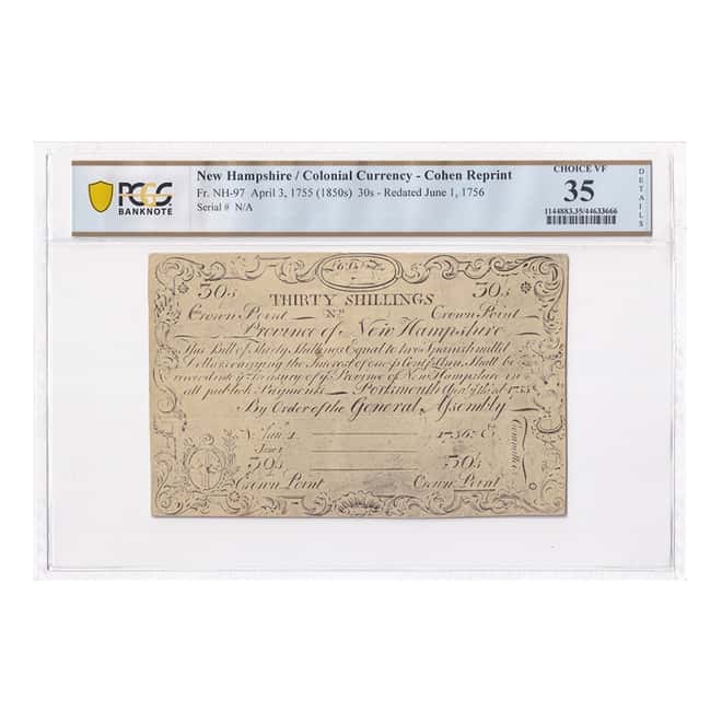 1756 30 Shillings New Hampshire Currency Note Cohen PCGS VF 35