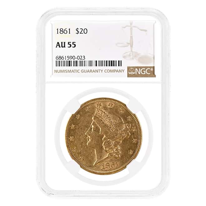 1861 $20 Liberty Head Double Eagle Gold Coin NGC AU 55