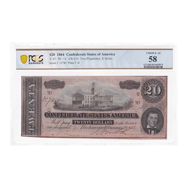 1864 $20 Confederate States of America Currency Note PCGS AU 58