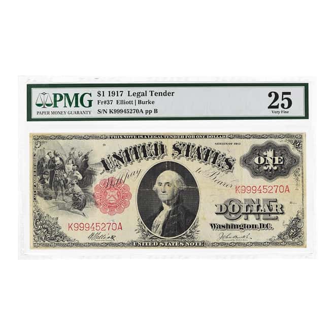 1917 $1 Legal Tender US Currency Note PMG VF 25 (Elliott, Burke)