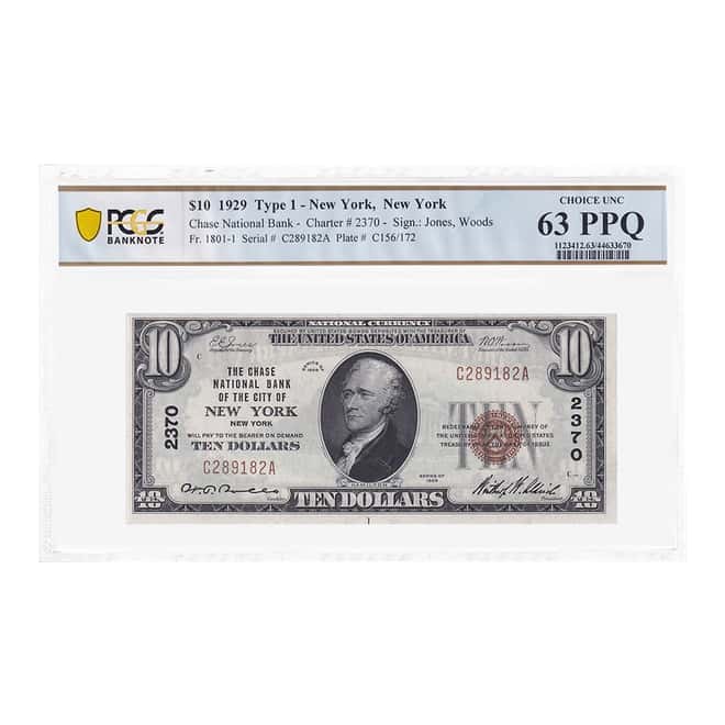 1929 $10 Type 1 New York Chase National Bank Note PCGS UNC 63