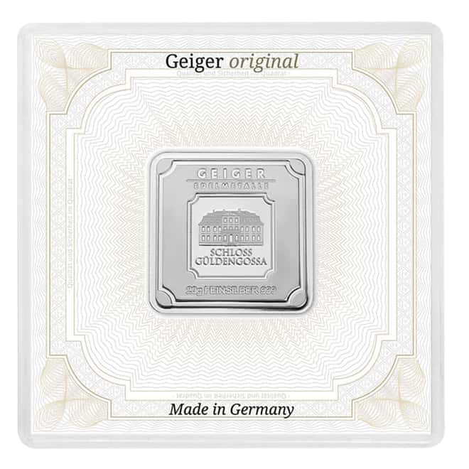 20 gram Geiger Original Square Silver Bar .999 Fine (In Assay)
