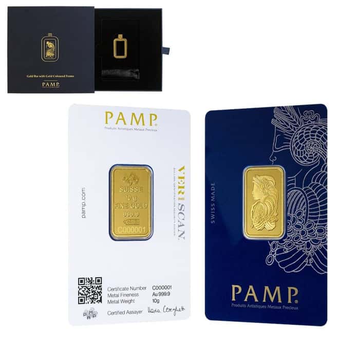 10 Gram PAMP Suisse Lady Fortuna Veriscan Gold Bar (w/ Frame)