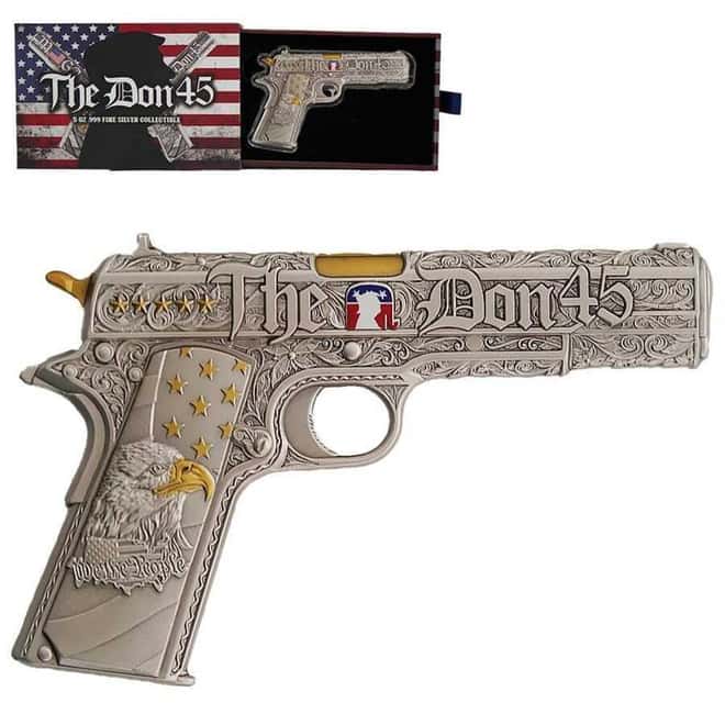 5 oz Silver Gun Shaped .45 Caliber Pistol Antiqued
