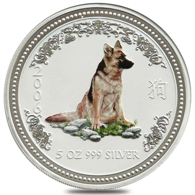 2006 5 oz Silver Lunar Dog Colorized BU Australian Perth Mint