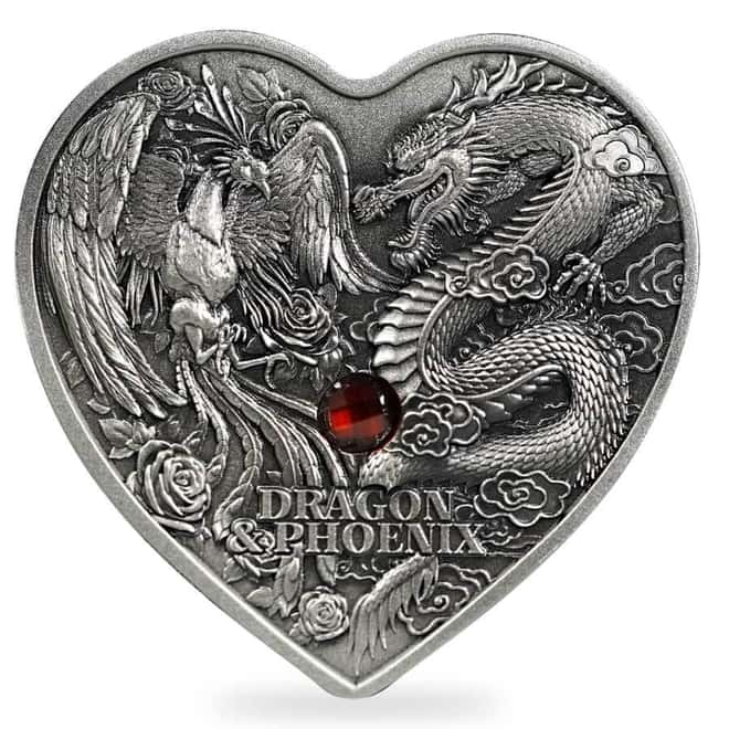 2024 Chad 1 oz Silver Dragon and Phoenix Heart-Shaped Coin