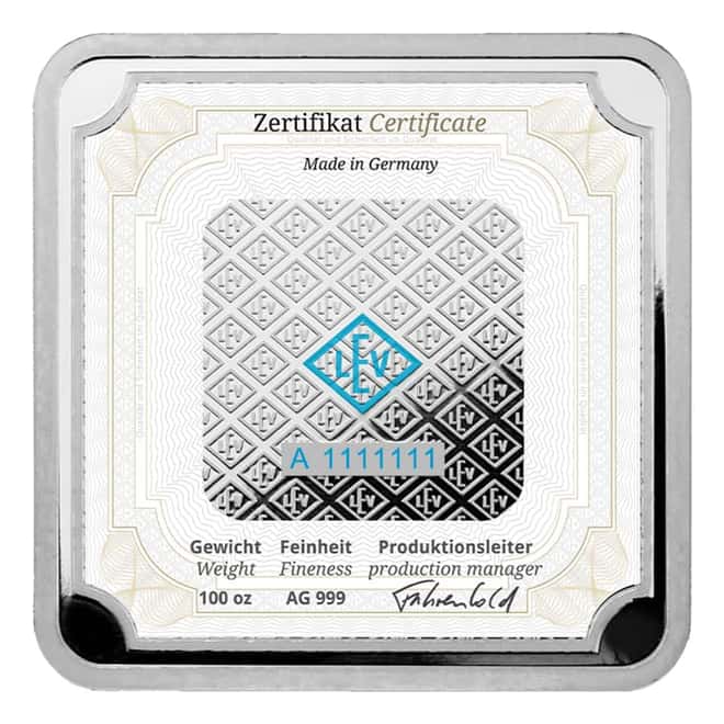 100 oz Geiger Original Square Silver Bar .999 Fine (In Assay)