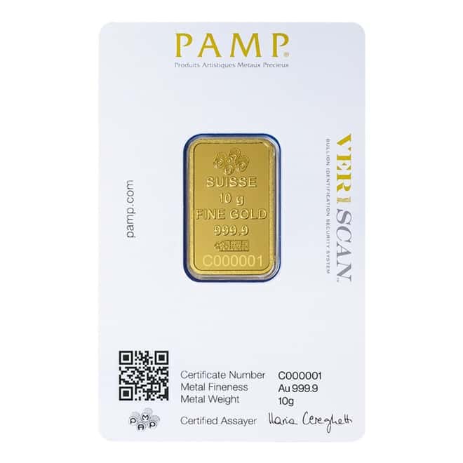10 Gram PAMP Suisse Lady Fortuna Veriscan Gold Bar (w/ Frame)