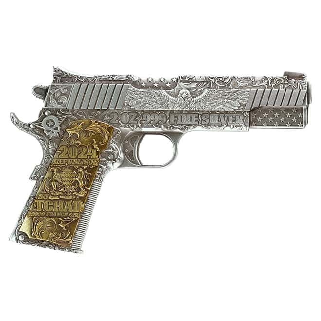 2024 Chad 2 oz Silver .45 Caliber Pistol Handgun Gilded Shaped