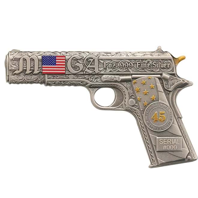 1 oz Silver Gun Shaped Don .45 Caliber Pistol Antiqued