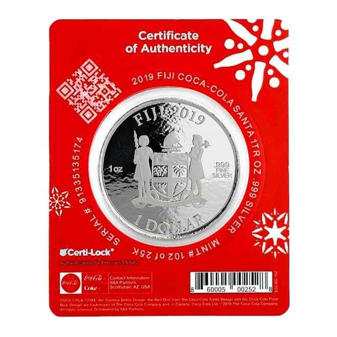 2019 Fiji 1 oz Coca-Cola Santa Silver Coin BU (in Assay)