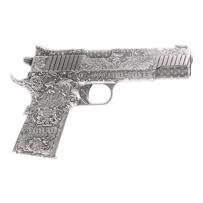 2024 Chad 2 oz Silver .45 Caliber Pistol Handgun Antiqued Shaped