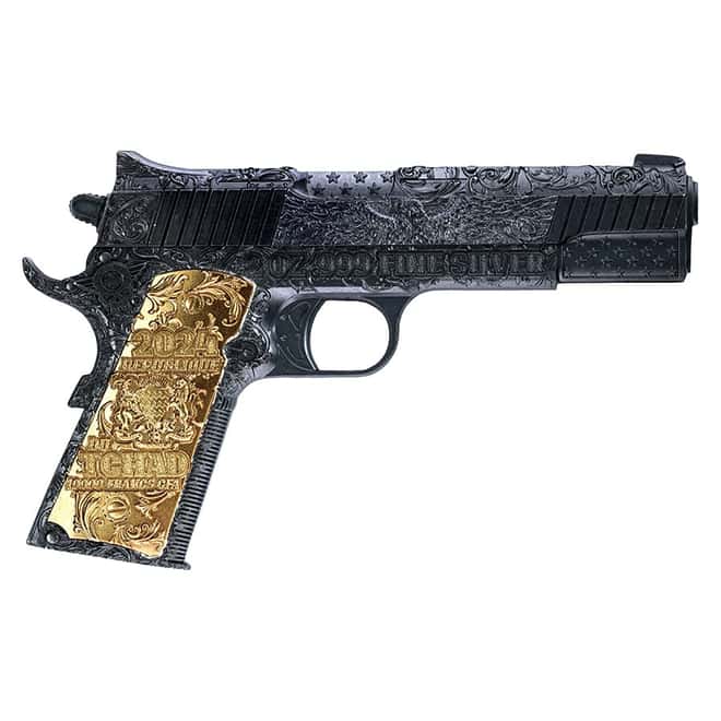 2024 Chad 2 oz Silver .45 Caliber Handgun Black & Gold Shaped