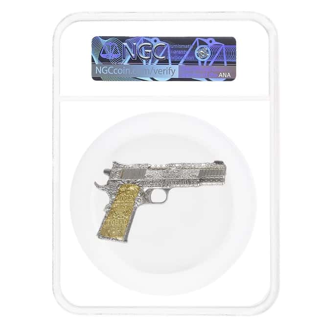 2024 Chad 2 oz Silver .45 Caliber Pistol Gilded NGC MS 70