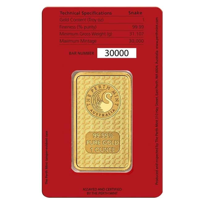 1 oz Perth Mint Lunar Snake Gold Bar .9999 Fine (in Assay)