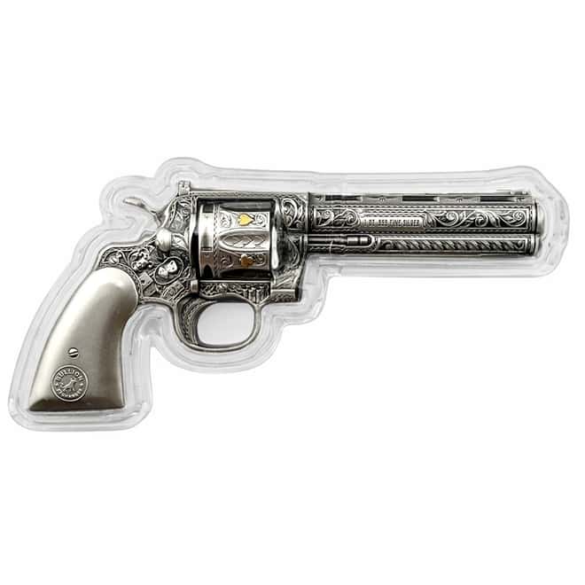 1 oz Silver Revolver Gun Shaped Antiqued High Relief