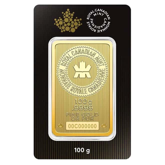 100 Gram Royal Canadian Mint RCM Wafer Gold Bar (in Assay)