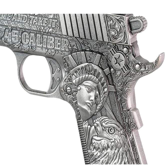 2024 Chad 2 oz Silver .45 Caliber Pistol Handgun Antiqued Shaped