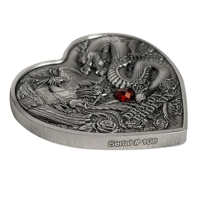 2024 Chad 1 oz Silver Dragon and Phoenix Heart-Shaped Coin