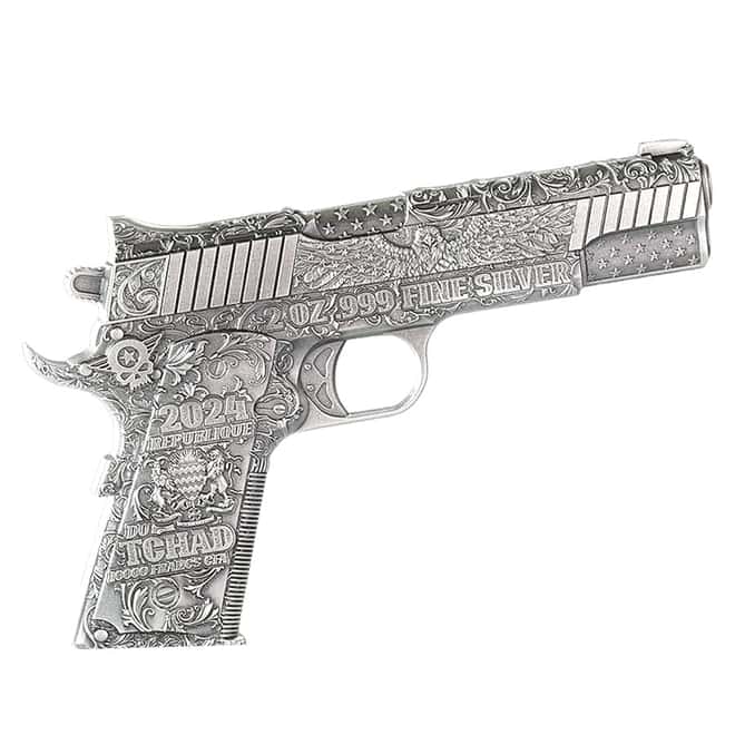 2024 Chad 2 oz Silver .45 Caliber Pistol Handgun Antiqued Shaped