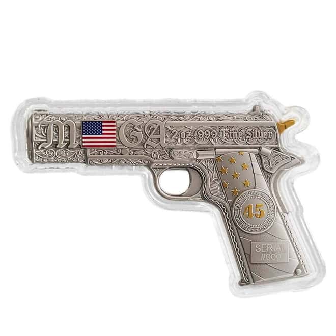 2 oz Silver Gun Shaped .45 Caliber Pistol Antiqued