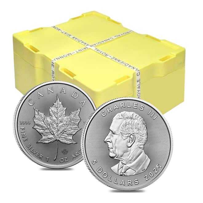 Roll of 25 - 2025 1 oz Canadian Silver Maple Leaf Coin BU