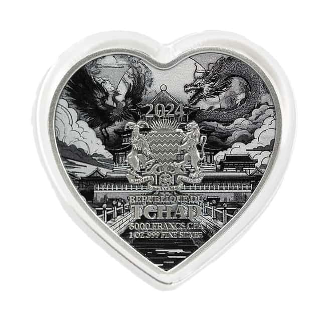 2024 Chad 1 oz Silver Dragon and Phoenix Heart-Shaped Coin