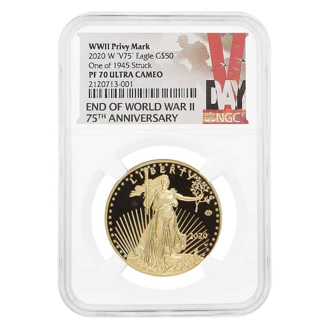 2020-W V75 1 oz Proof Gold American Eagle End of WWII NGC PF 70