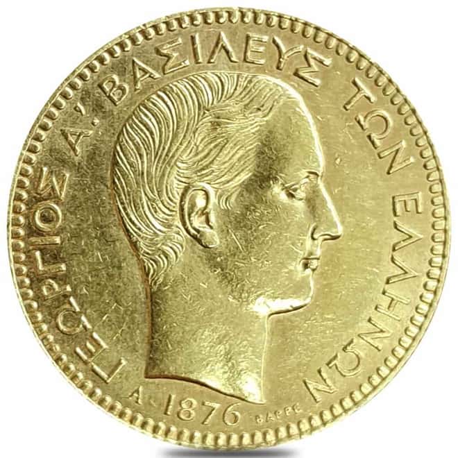 1876 A Greece 20 Drachmai George I Gold Coin AU Cleaned