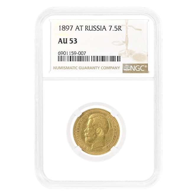 1897 Russia 7 Roubles 50 Kopeks Nicholas II Gold Coin NGC AU 53