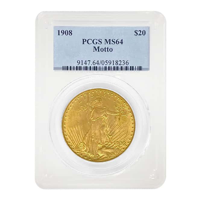 1908 $20 Gold Saint Gaudens Double Eagle Coin PCGS MS 64