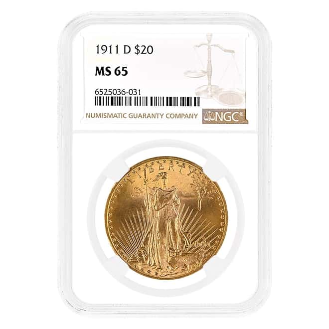 1911-D $20 Gold Saint Gaudens Double Eagle Coin NGC MS 65