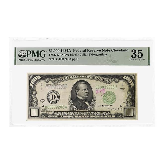1934 A $1000 Federal Reserve Cleveland PMG VF 35 Annotation