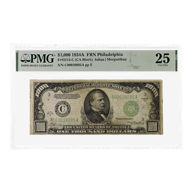 1934 A $1000 Federal Currency PMG VF 25 Ink Stamp, Annotation