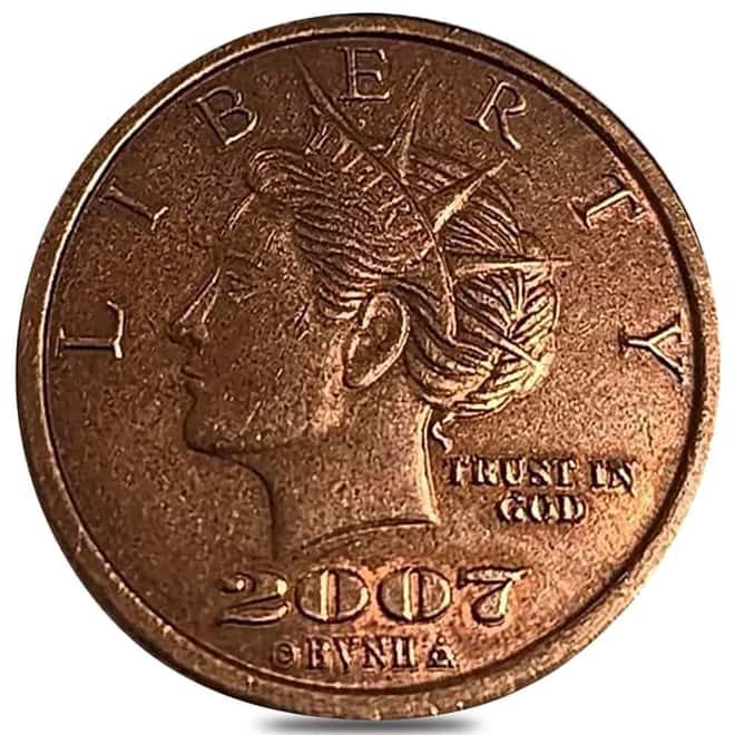 2007 1 oz AV NORFED Liberty Dollar Copper Round .999 Fine