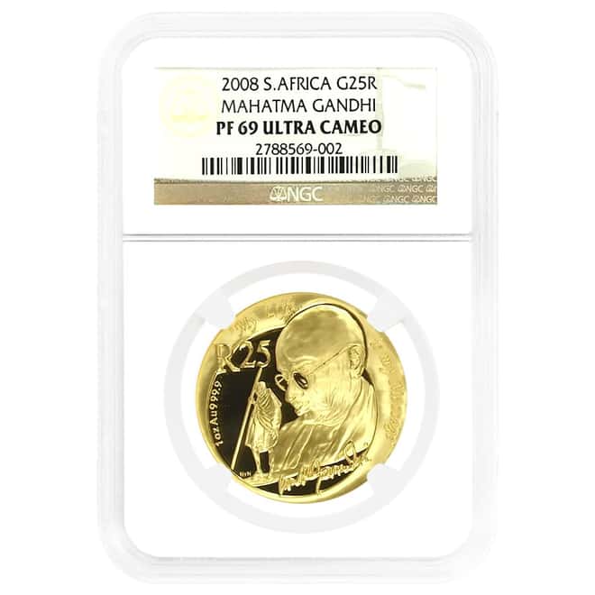 2008 South Africa 1 oz Gold Mahatma Gandhi 25 Rand NGC PF 69