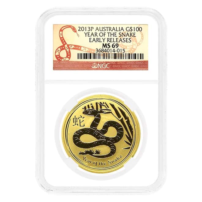 2013 1 oz Gold Lunar Snake Perth Mint NGC MS 69 ER