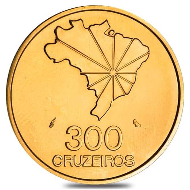 1972 Brazil 300 Cruzeiros Gold Coin BU AGW .4925 oz