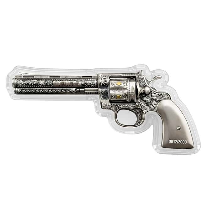 1 oz Silver Revolver Gun Shaped Antiqued High Relief