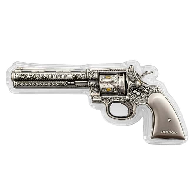 5 oz Silver Revolver Gun Shaped Antiqued High Relief
