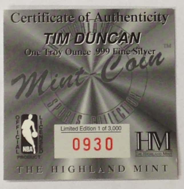 Tim Duncan Highland Mint 1 oz .999 Fine Silver Limited Edition