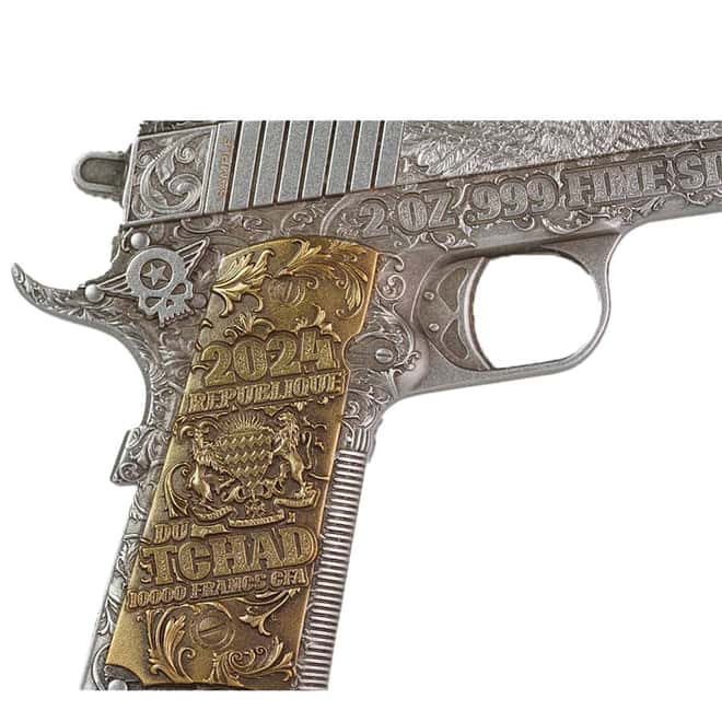 2024 Chad 2 oz Silver .45 Caliber Pistol Handgun Gilded Shaped